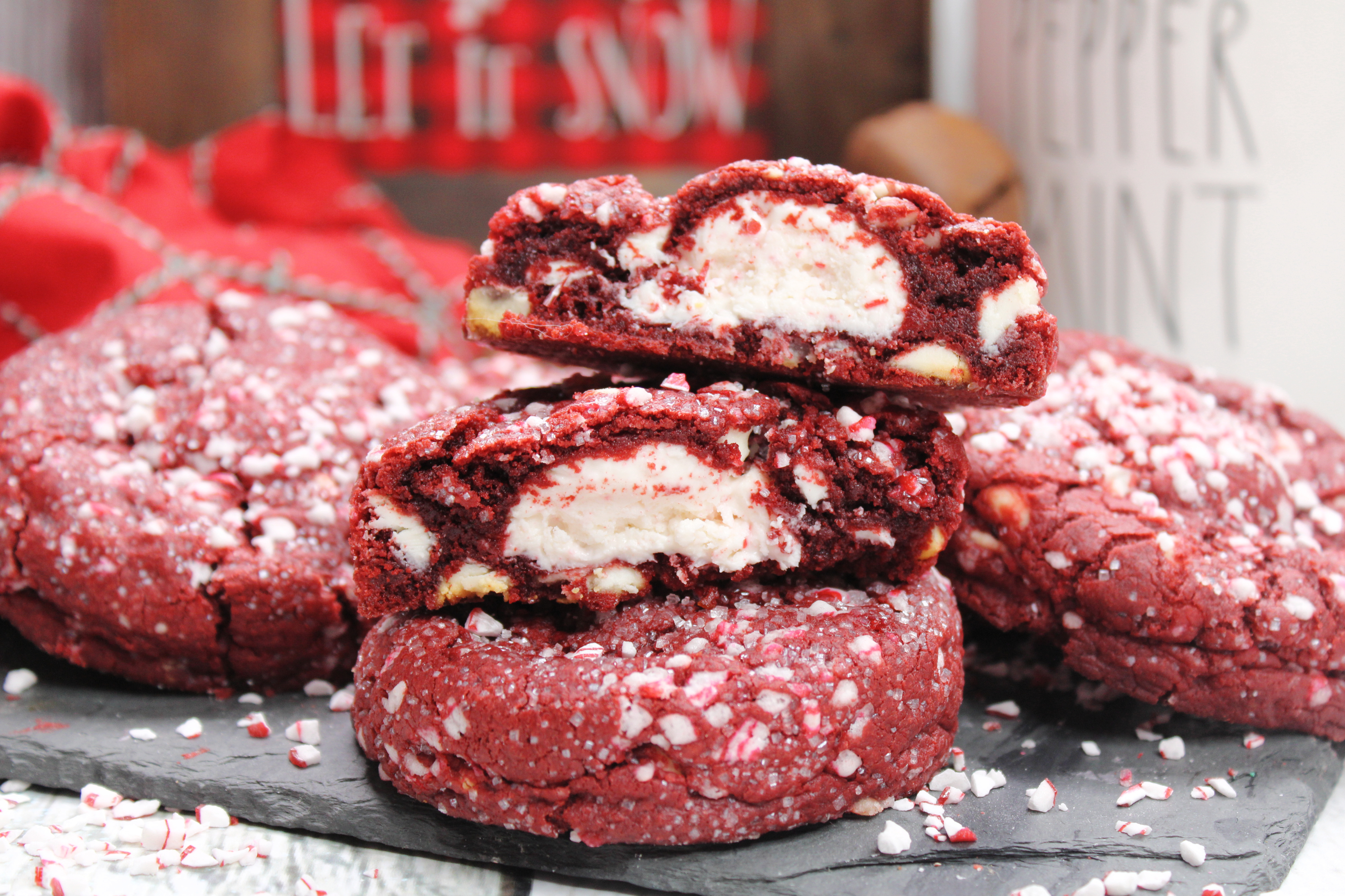 Candy Cane Stuffed Red Velvet Cookies - Life Love Liz